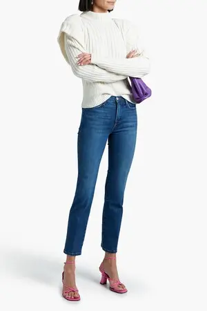 FRAME Le High Straight Distressed Mid Rise Straight Leg Jeans - Mid Denim