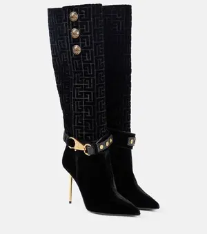 Balmain Robin Monogram Velvet Knee-high Boots