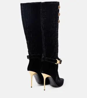 Balmain Robin Monogram Velvet Knee-high Boots