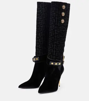 Balmain Robin Monogram Velvet Knee-high Boots