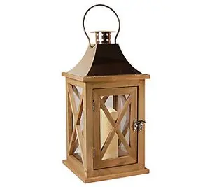 LUMABASE Wooden Lantern With Copper Roof And Le D Candle - One-color