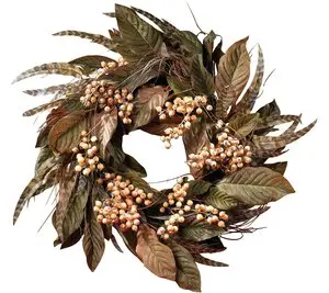 NEARLY NATURAL 24' Feather & Berry Wreath By - One-color