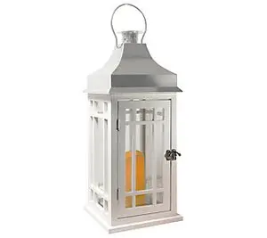 LUMABASE White Wood & Chrome Lantern With Flame Less Candle - One-color