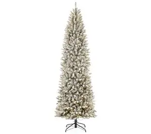 GLITZHOME 9ft Flocked Pencil Led Lighted Faux C Ristmas Tree - One-color