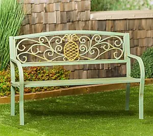 EVERGREEN Pineapple Metal Garden Bench Verdigris Eve Green - One-color