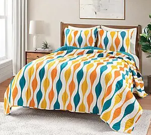 LUSH DECOR Mid-century Geo Quilt Turq/orange 3-pc Set King By - One-color