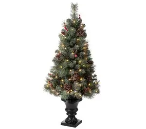 GLITZHOME Flocked Base Tree W/ 100 Lights, Pine Cones & Berries - One-color