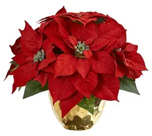 NEARLY NATURAL Poinsettia Arrangement In Golden Vase - One-color