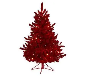 NEARLY NATURAL 4' Red Flocked Christmas Tree W/ Lights - One-color
