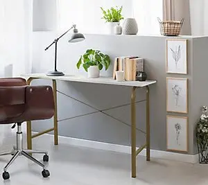 TEAMSON Office Computer Desk Metal Base, M Arble/brass