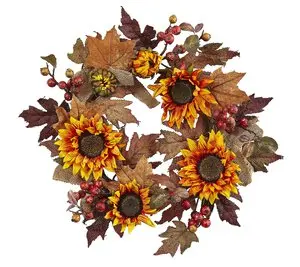 NEARLY NATURAL 24' Sunflower & Berry Wreath By - One-color