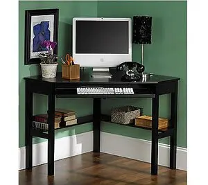 QVC Lawrence Black Finish Corner Desk With Keyboard Drawer