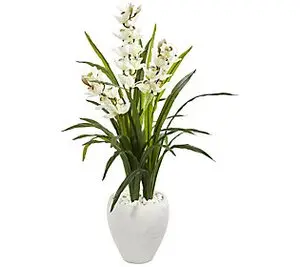 NEARLY NATURAL 4' Cymbidium Orchid Plant In White Planter N Early Natural - One-color