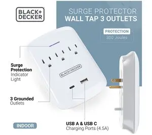 BLACK + DECKER Surge Protector Wall Mount W/ 3 Outlets 2 Usb