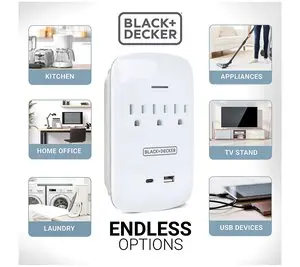 BLACK + DECKER Surge Protector Wall Mount W/ 3 Outlets 2 Usb