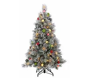 GERSON INTERNATIONAL 4.5' Pre-lit Flocked Hard Needle Pine With Orna Ments/50 Lights - One-color