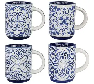 YOUNG'S INC. Set Of 4 Blue/white Talavera Mugs - One-color