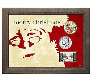 AMERICAN COIN TREASURES Merry Christmas Santa Half Dollar Coin And Stam P In Wood Frame - One-color