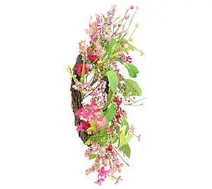 NORTHLIGHT Pink Geranium & Coral Root Spring Fl Oral Wreath