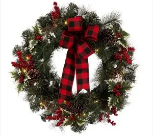 GLITZHOME Led Pre-lit Buffalo Plaid Bow Christm As Wreath - One-color