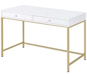 ACME Ottey Desk 2 Drawer, White High Gloss & Go Ld - One-color
