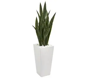 NEARLY NATURAL 4' Sansevieria In White Tower Planter By - One-color