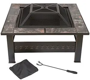 PURE GARDEN 32' Square Tile Fire Pit With Cover - One-color