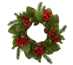 NEARLY NATURAL 19' Magnolia Leaf, Berry And Pine Wreath Nea Rly Natural - One-color