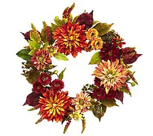 NEARLY NATURAL 22' Dahlia & Mum Wreath By - One-color