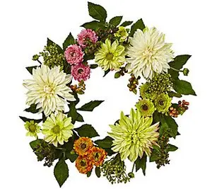 NEARLY NATURAL 22' Dahlia Mum Wreath By - One-color