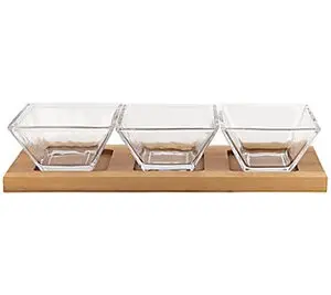 BADASH CRYSTAL Hostess Set 4-pc With 3 Glass Condiment On A Wood Tray - One-color