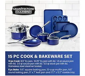 GRANITESTONE Blue 15 Piece Nonstick Cookware An D Bakeware Set