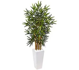 NEARLY NATURAL 4' Bamboo Tree In White Tower Planter By - One-color