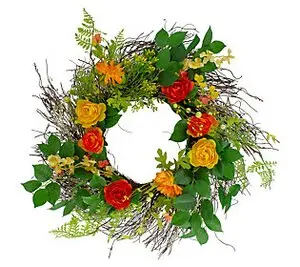NORTHLIGHT Ranunculus And Rose Floral Spring Wreath Orang E And Yellow - One-color