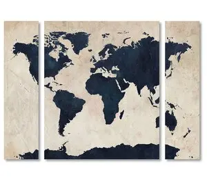 LAVISH HOME Michael Tompsett World Map Navy 3-p Iece Print - One-color