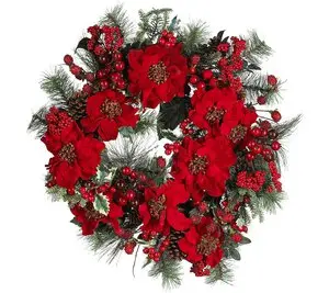 NEARLY NATURAL 24' Poinsettia Wreath By - One-color