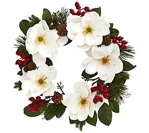 NEARLY NATURAL 26' Magnolia, Pine And Berries Wreath By - One-color