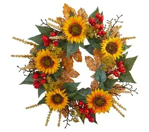 NEARLY NATURAL 27' Sunflower Berry Artificial Wreath By - One-color