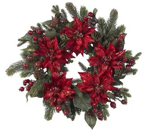NEARLY NATURAL 24' Poinsettia & Berry Wreath By - One-color