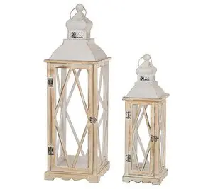 GLITZHOME Farmhouse White Wood/metal Lanterns, Et Of 2 - One-color