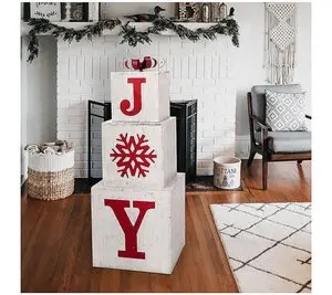 GLITZHOME Christmas Holiday Stacking Joy Wooden Block Statue