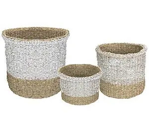 NORTHLIGHT Set Of 3 Beige & White Round Table & Floor Baskets - One-color