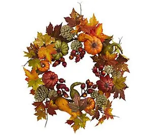 NEARLY NATURAL 24' Pumpkin And Gourd Wreath By - One-color