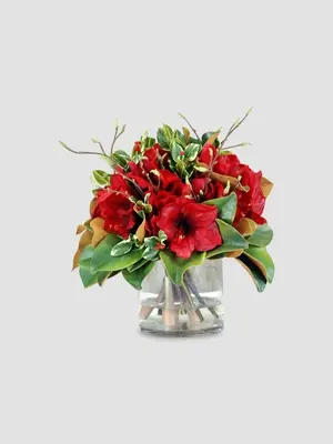 WINWARD HOME Permanent Botanicals Amaryllis & Magnolia Leaf In Glass Vase - Red