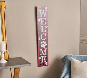 GLITZHOME 42'h Wooden Plaid Paw Print 'welcome' Porch Sign - One-color