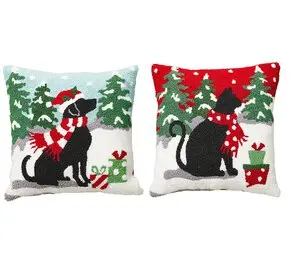 GLITZHOME Set Of 2 14'l Hooked Christmas Dog & Cat Pillows - One-color