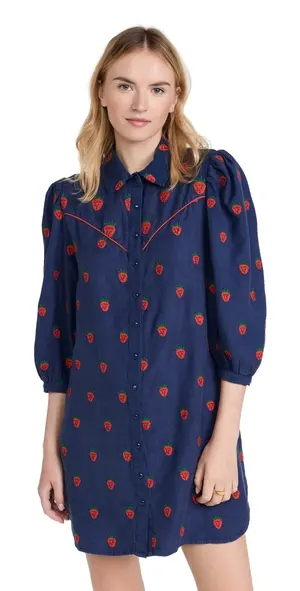 Farm Rio Strawberry Cross Stitch Mini Dress In Navy Blue - 40% Off |  Editorialist