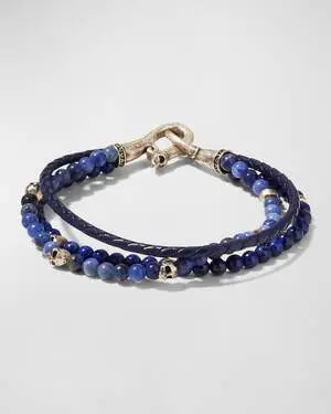 John Varvatos Leather And Lapis Lazuli Beaded Bracelet - Silver