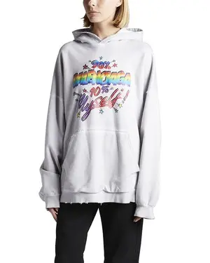 Balenciaga Logo Typographic Distressed Oversized Hoodie Bianco