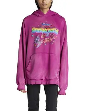 Balenciaga Logo Typographic Distressed Oversized Hoodie Fuchsia